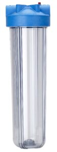 pentair pentek 166201 big clear filter housing, 1" npt #20 whole house heavy duty water filter housing with pressure relief button, 20-inch, blue/clear