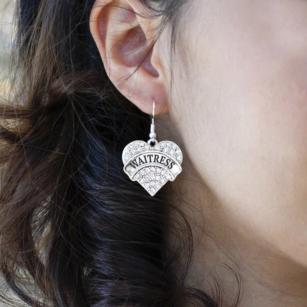 Inspired Silver - Waitress Charm Earrings for Women - Silver Pave Heart Charm French Hook Drop Earrings with Cubic Zirconia Jewelry