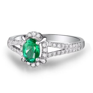 Lanmi Antique 14K White Gold Natural Green Emerald Rings Brilliant Diamond Engagement Wedding for Women Promotion