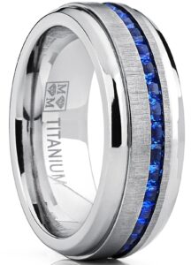 metal masters men's titanium wedding band engagement ring w/blue simulated sapphire cubic zirconia princess cz 9