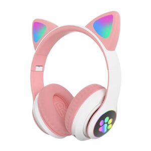 cat ear headphones, bluetooth 5.0 cute cat ear headphones foldable hifi sound quality stereo effect rainbow light effect kitty gaming headset for kids boys girls pc laptops smartphones