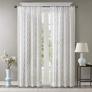 madison park irina sheer embroidered single curtain for kitchen, transitional fabric sheers curtain for living room, 1-panel pack, 50x84", white/grey