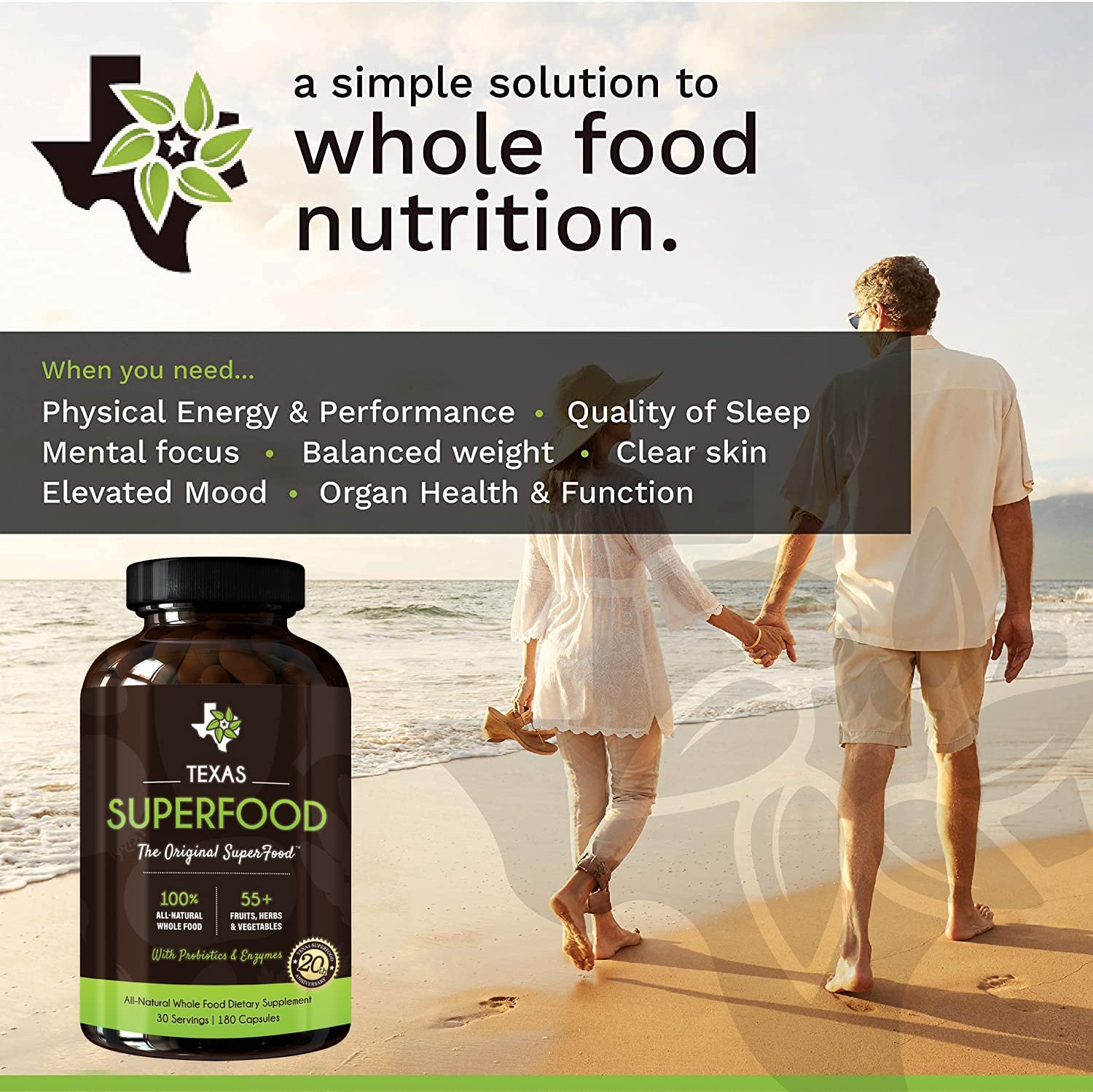 Texas SuperFood - Original Superfood Capsules, Superfood Reds and Greens, All-Natural Whole Food Dietary Supplement, Non-GMO, Gluten Free, Vegan, No Soy, 180 Capsules