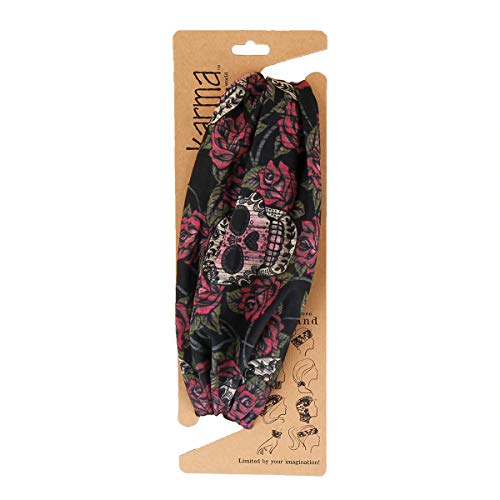 Karma Sugar Skull Headband for Women - Wide - Fabric Headband and Stretchy Hair Scarf - Black, 1 Count (Pack of 1)