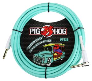 pig hog pch20sgr right-angle 1/4" to 1/4" seafoam green guitar instrument cable, 20 feet