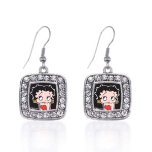 inspired silver - betty boop charm earrings for women - silver square charm french hook drop earrings with cubic zirconia jewelry