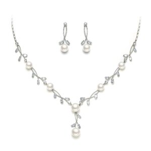 ever faith cz crystal cream simulated pearl floral vine filigree necklace earrings set clear silver-tone