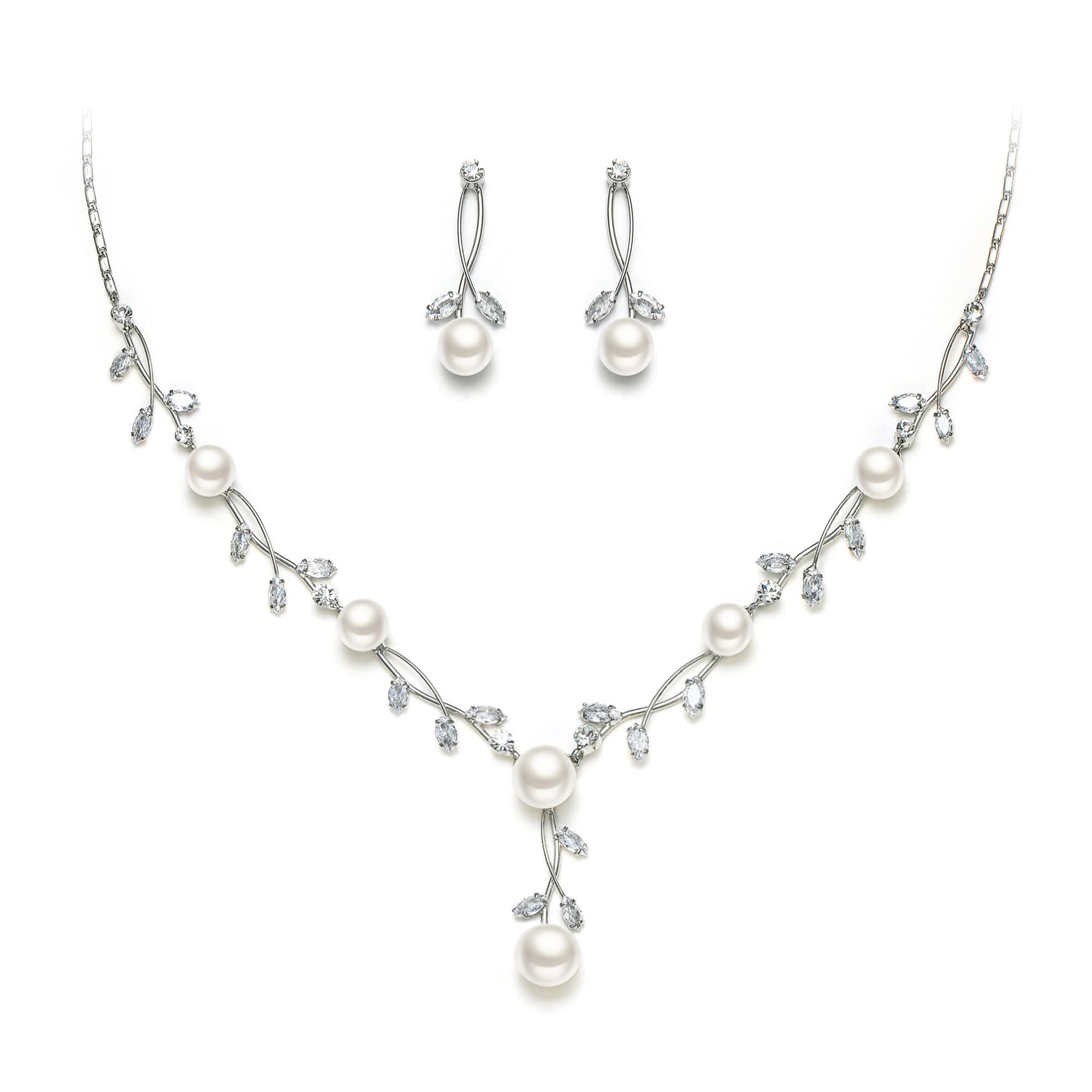 EVER FAITH CZ Crystal Cream Simulated Pearl Floral Vine Filigree Necklace Earrings Set Clear Silver-Tone