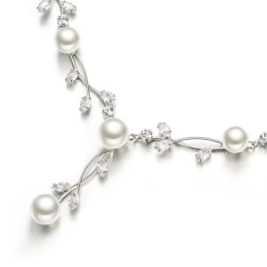 EVER FAITH CZ Crystal Cream Simulated Pearl Floral Vine Filigree Necklace Earrings Set Clear Silver-Tone