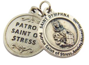 silver toned base patron of stress saint dymphna medal pendant, 3/4 inch