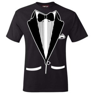 fresh tees unisex tuxedo shirt | classic party humor vintage tee | tux with bowtie&pockets | funny t-shirt for men/women (large, black)