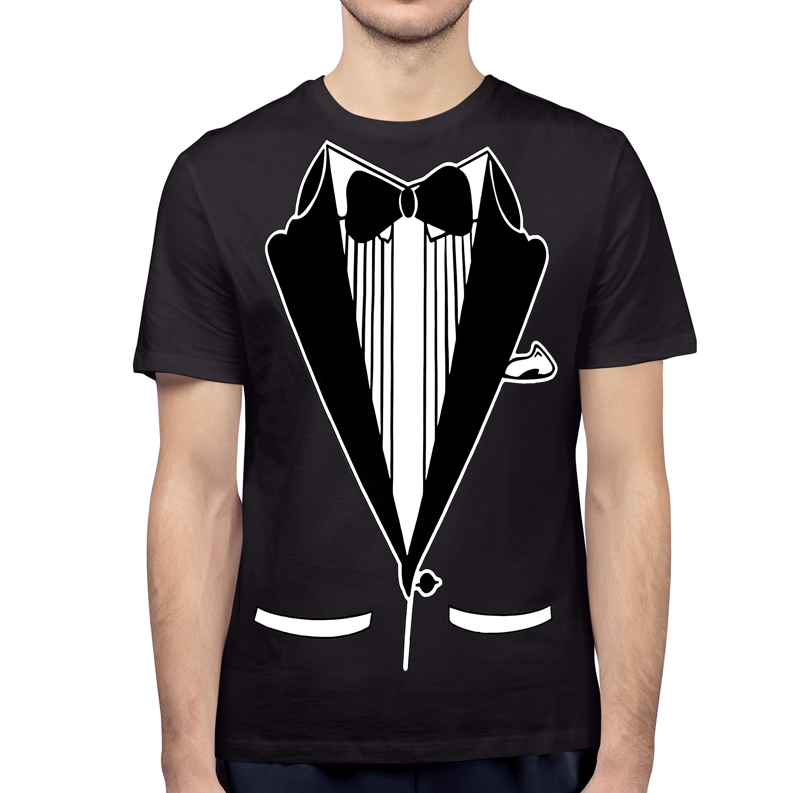 fresh tees Unisex Tuxedo Shirt | Classic Party Humor Vintage Tee | Tux with Bowtie&Pockets | Funny T-Shirt for Men/Women (Large, Black)