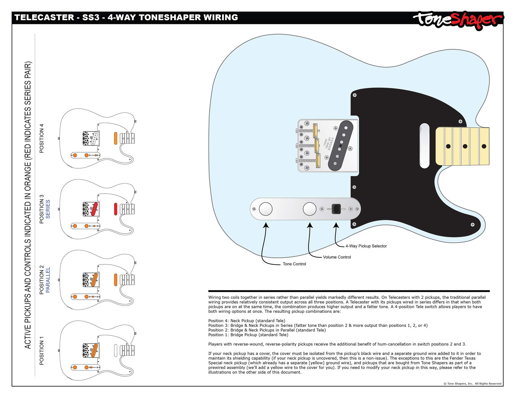 ToneShaper Guitar Wiring Kit, For Fender Telecaster, SS3 (4-Way ToneShaper Wiring)