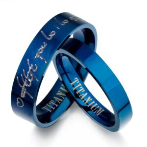 gemini personalized his and her blue titanium matching promise wedding bands rings set flat comfort fit valentine day gift