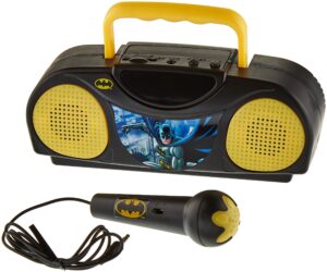 sakar batman kids karaoke machine with radio ko1 compatible with ipod and mp3 player, am fm portable radio, includes corded microphone for kids, durable handle, red/blue design, (16383)