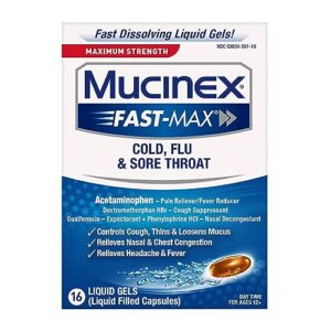 maximum strength mucinex fast-max cold, flu, & sore throat liquid gels, 16ct, controls cough, thins & loosens mucus, relieves nasal & chest congestion, headache & fever