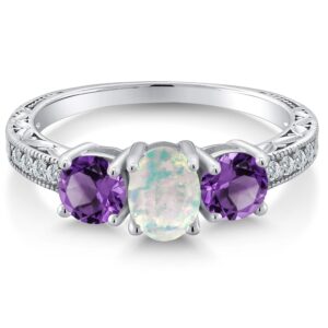 Gem Stone King 925 Sterling Silver Oval Cabochon White Simulated Opal and Purple Amethyst Ring For Women (1.65 Cttw, Gemstone Birthstone, Available In Size 5, 6, 7, 8, 9)