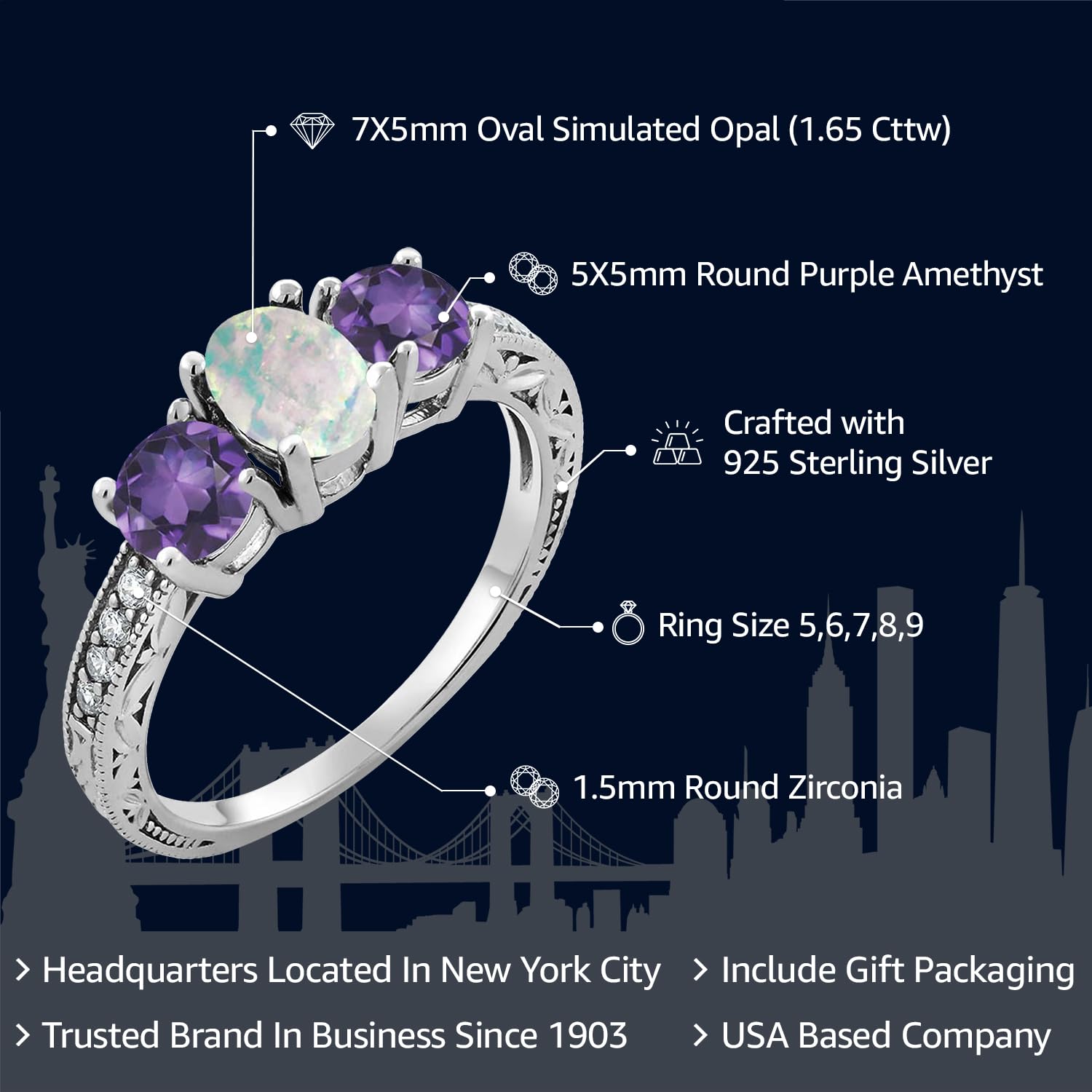 Gem Stone King 925 Sterling Silver Oval Cabochon White Simulated Opal and Purple Amethyst Ring For Women (1.65 Cttw, Gemstone Birthstone, Available In Size 5, 6, 7, 8, 9)