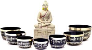 chakra healing tibetan singing bowl with mantras in black set of 7 pieces for meditation, sound healing, included cushions, mallets carrying case, from nepal