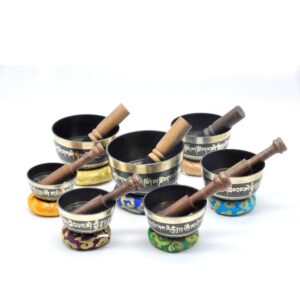 Chakra Healing Tibetan Singing Bowl with Mantras in Black Set of 7 pieces for Meditation, Sound Healing, included Cushions, Mallets Carrying Case, from Nepal