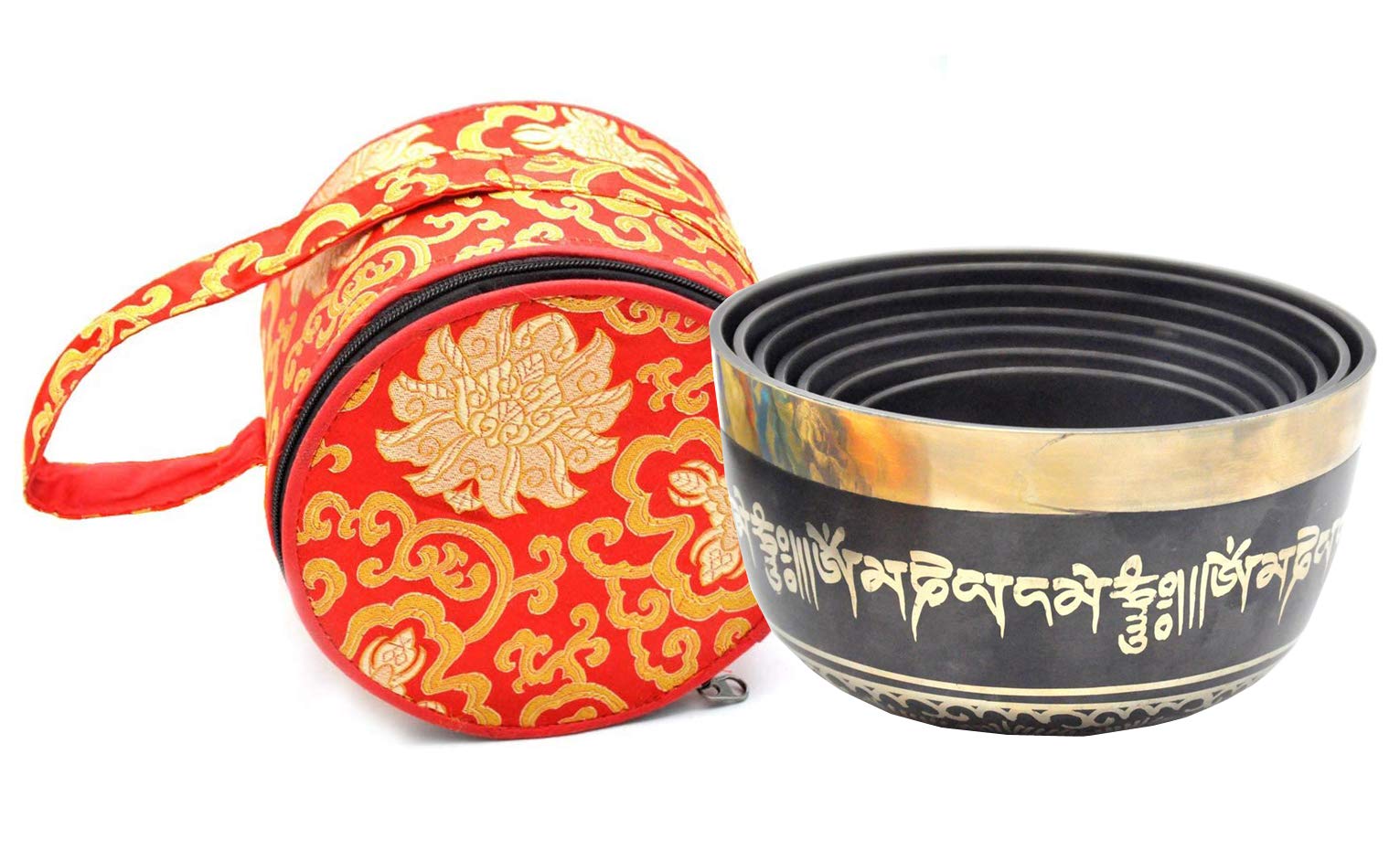 Chakra Healing Tibetan Singing Bowl with Mantras in Black Set of 7 pieces for Meditation, Sound Healing, included Cushions, Mallets Carrying Case, from Nepal