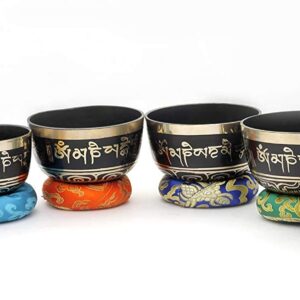 Chakra Healing Tibetan Singing Bowl with Mantras in Black Set of 7 pieces for Meditation, Sound Healing, included Cushions, Mallets Carrying Case, from Nepal