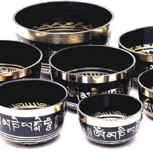 Chakra Healing Tibetan Singing Bowl with Mantras in Black Set of 7 pieces for Meditation, Sound Healing, included Cushions, Mallets Carrying Case, from Nepal