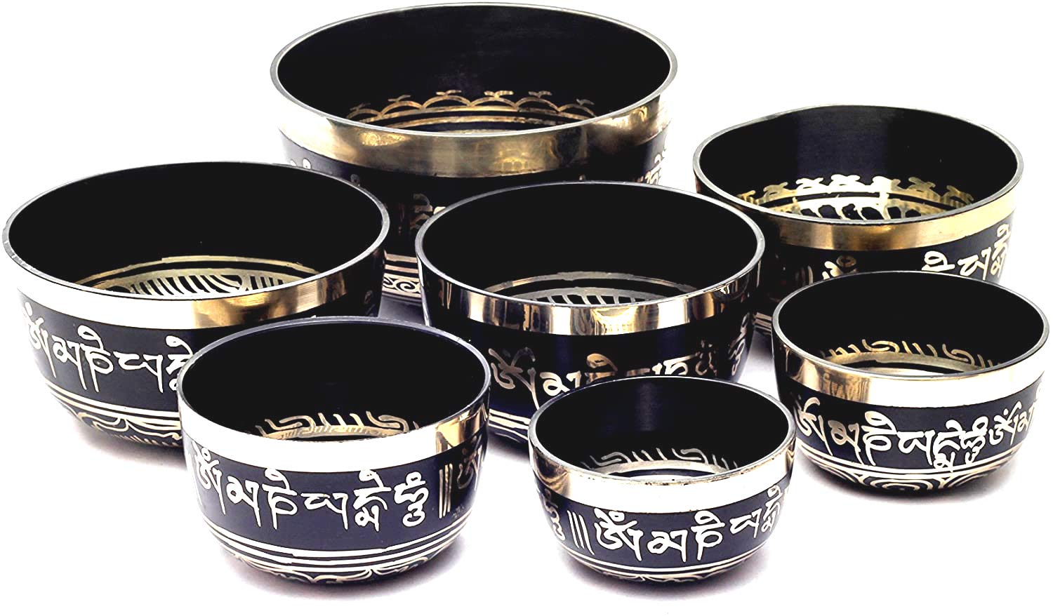 Chakra Healing Tibetan Singing Bowl with Mantras in Black Set of 7 pieces for Meditation, Sound Healing, included Cushions, Mallets Carrying Case, from Nepal