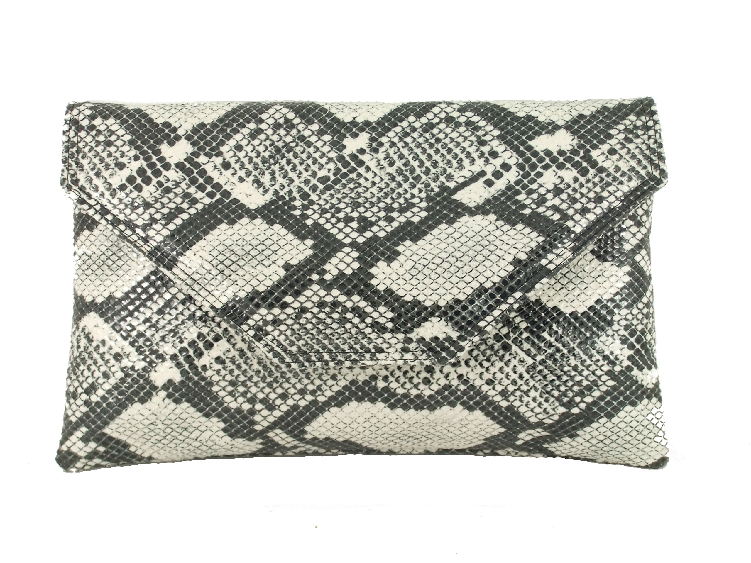 LONI Womens Stylish Large Envelope Faux Snakeskin Clutch Bag/Shoulder Bag in Black/Off-White