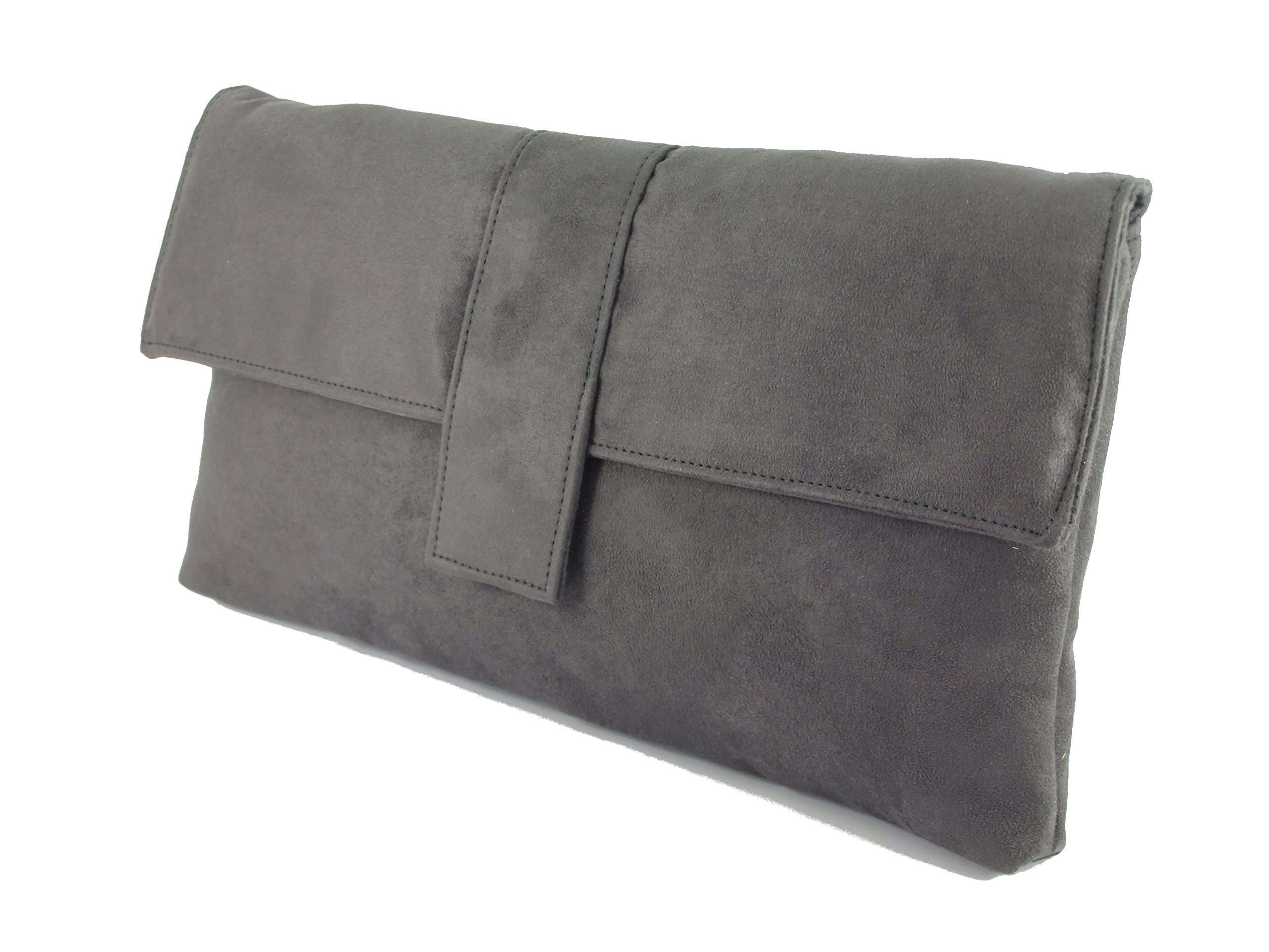 LONI Womens Fab Large Faux Suede Clutch Bag/Shoulder Bag In Charcoal Grey