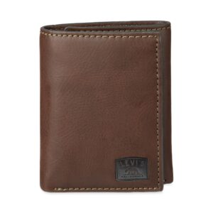 levi's men's trifold wallet-sleek and slim includes id window and credit card holder, brown stitch, one size