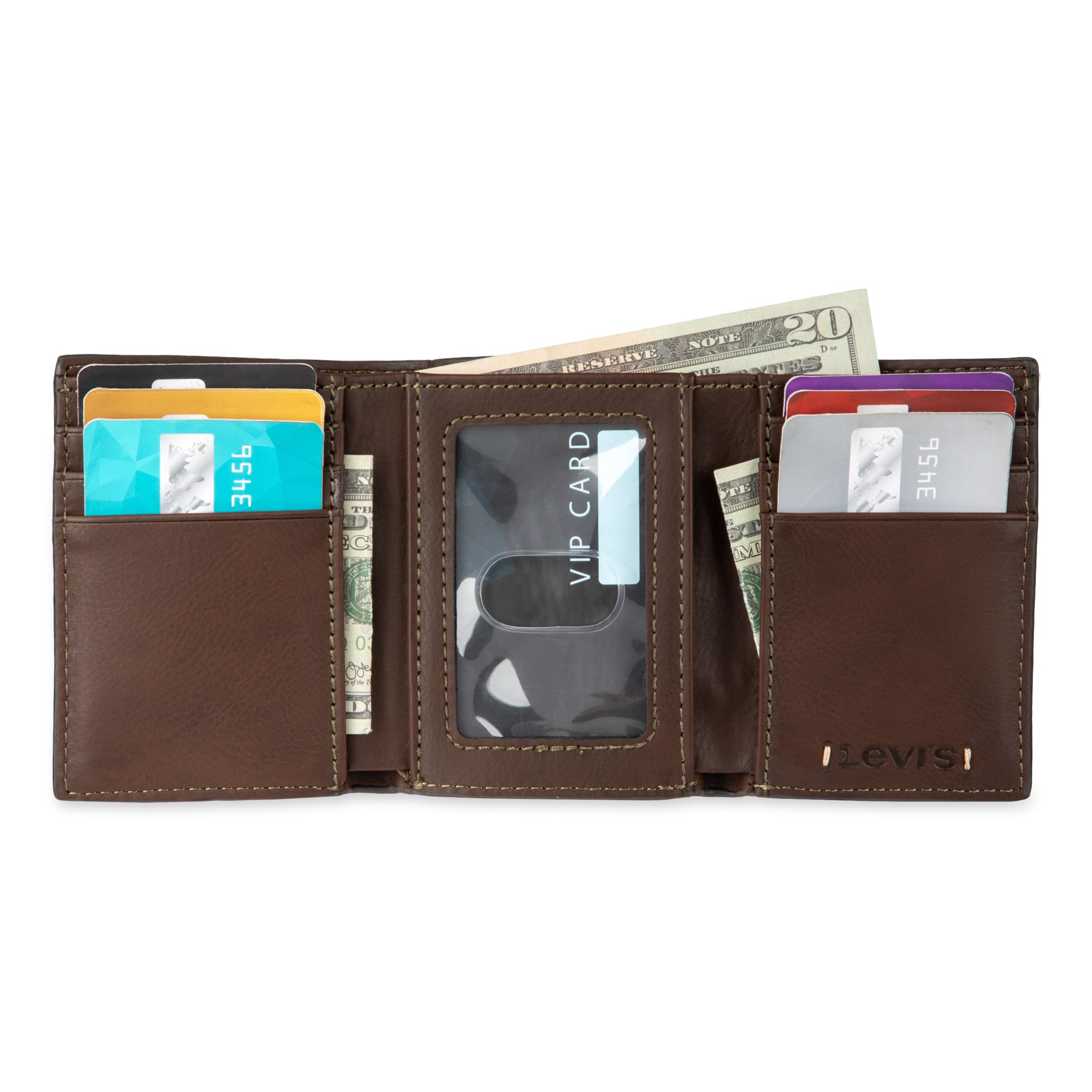 Levi's Men's Trifold Wallet-Sleek and Slim Includes Id Window and Credit Card Holder, Brown Stitch, One Size