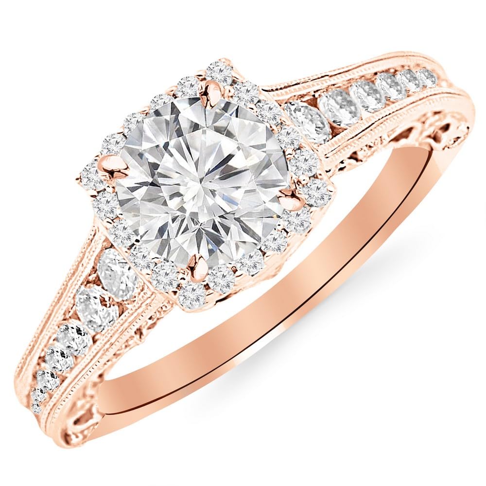 2.25 Carat 14K Rose Gold Vintage Halo Style Channel Set Round Brilliant Diamond Engagement Ring Milgrain with a 1.5 Carat Moissanite Center