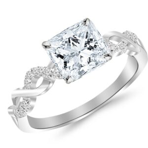 2.13 carat twisting infinity gold and diamond split shank pave set diamond engagement ring with a 2 carat moissanite center