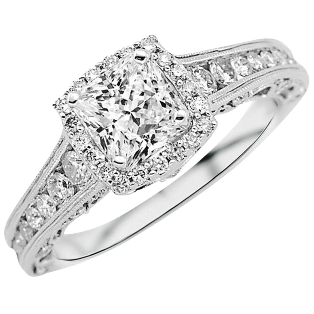 Houston Diamond District 2.75 Carat 14K White Gold Vintage Halo Style Channel Set Round Brilliant Diamond Engagement Ring Milgrain with a 2 Carat Moissanite Center, 7