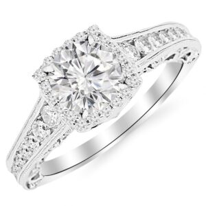 houston diamond district 2.75 carat 14k white gold vintage halo style channel set round brilliant diamond engagement ring milgrain with a 2 carat moissanite center, 8