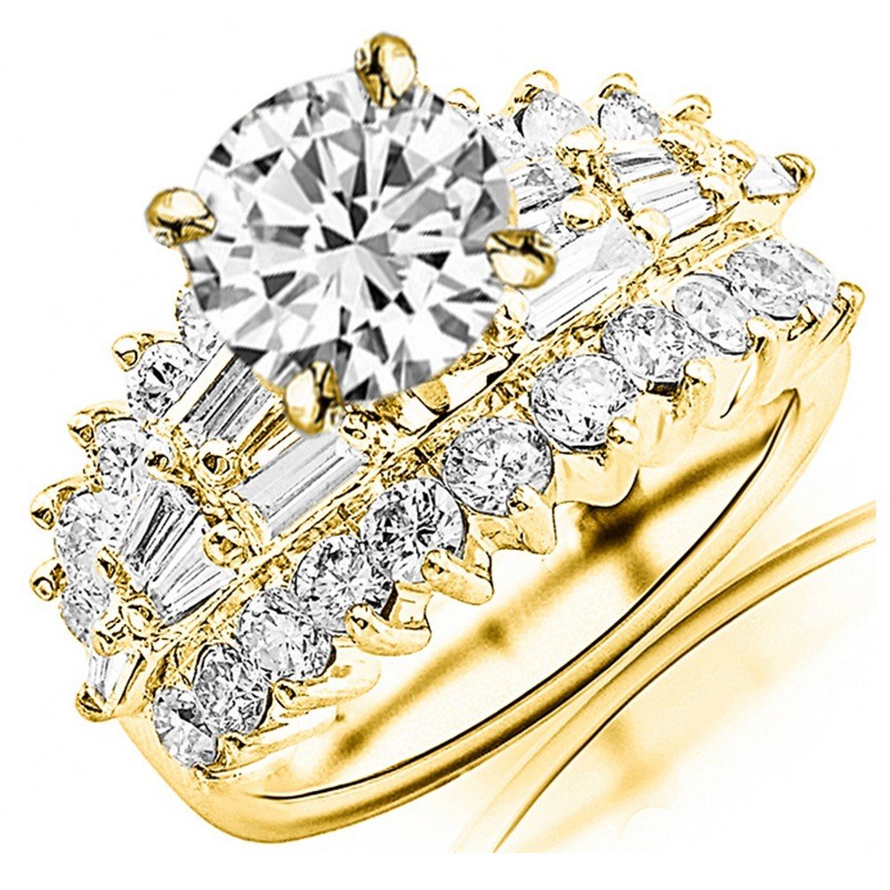 Houston Diamond District - 4.15 Carat 14K Yellow Gold Exquisite Prong Set Bageutte And Round Diamond Engagement Ring with a 2 Carat Moissanite Center