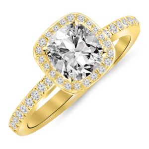 1.25 carat 14k yellow gold classic halo style cushion shape diamond engagement ring with a 1 carat moissanite center