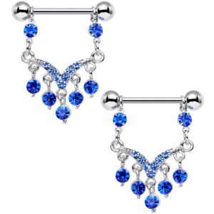 body candy stainless steel blue ornate v dangle nipple ring set of 2 14 gauge 18mm