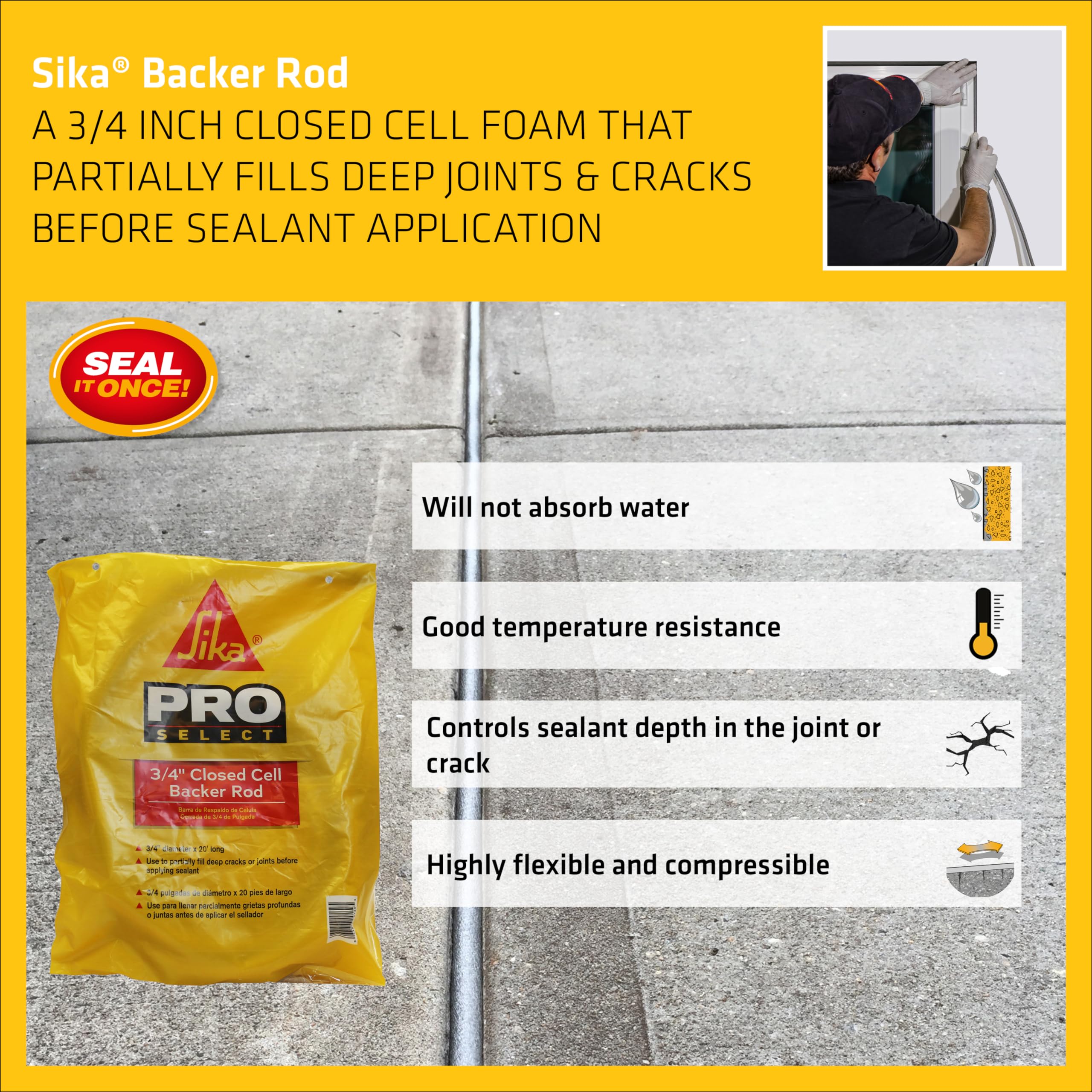 Sika - Polyethylene foam - Closed cell backer rod (gray) - to fill joints and cracks before applying sealant - water-resistant, flexible - 3/4" Diameter x 20' ft. Long