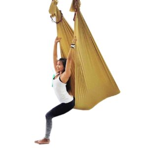 wellsem deluxe l:5.5 yards w:3 yard yoga flying swing aerial yoga hammock silk fabric for yoga bodybuilding(5mx2.8m) (gold)