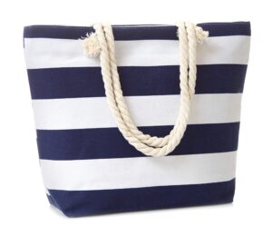 leisureland canvas tote beach bag, rope handle water resistant shoulder bag (stripe navy blue)