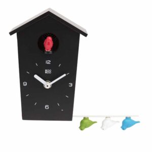 KOOKOO BirdHouse mini black, tiny modern cuckoo clock with 12 natural bird songs or cuckoo call