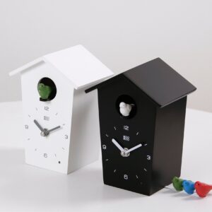 KOOKOO BirdHouse mini black, tiny modern cuckoo clock with 12 natural bird songs or cuckoo call