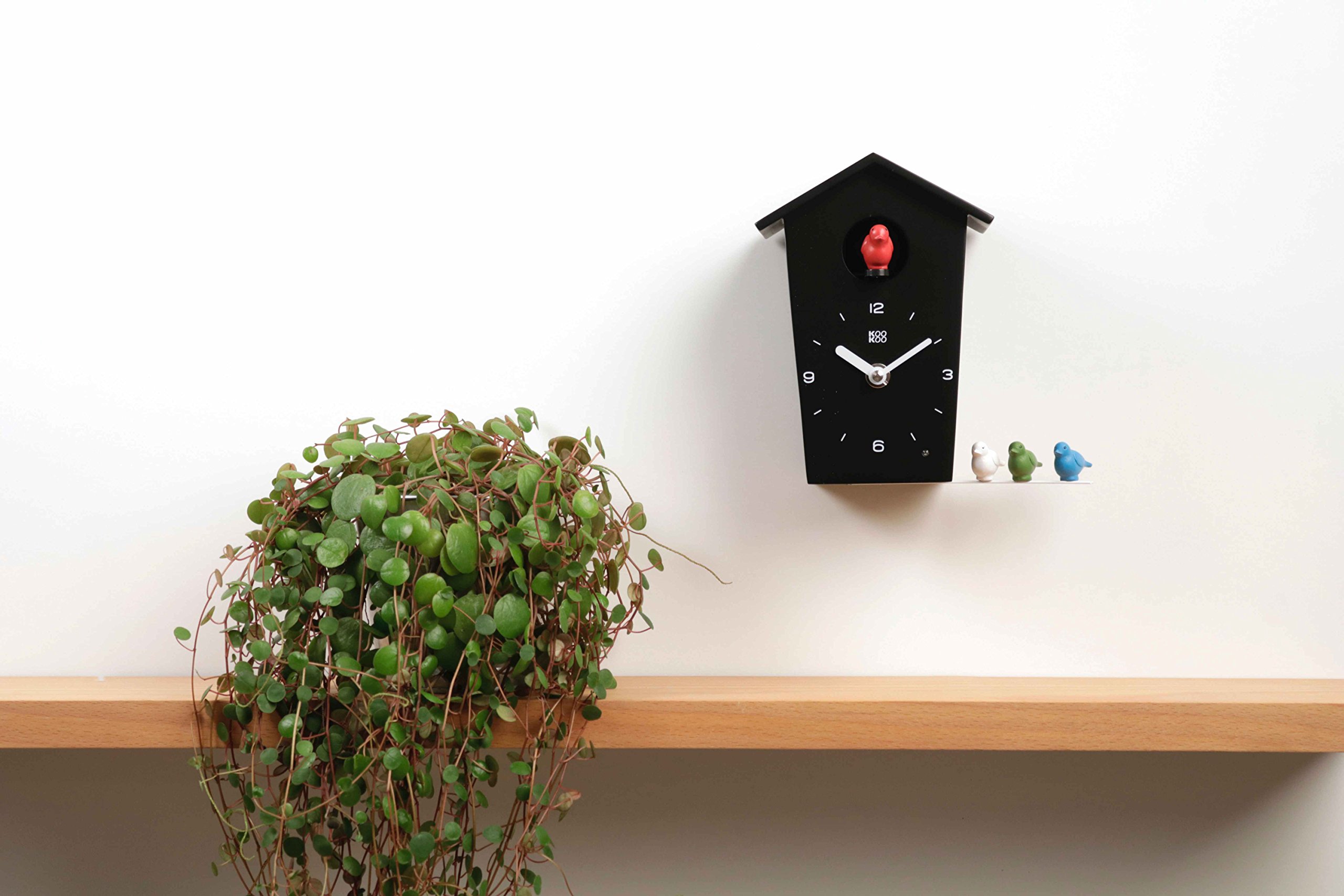 KOOKOO BirdHouse mini black, tiny modern cuckoo clock with 12 natural bird songs or cuckoo call