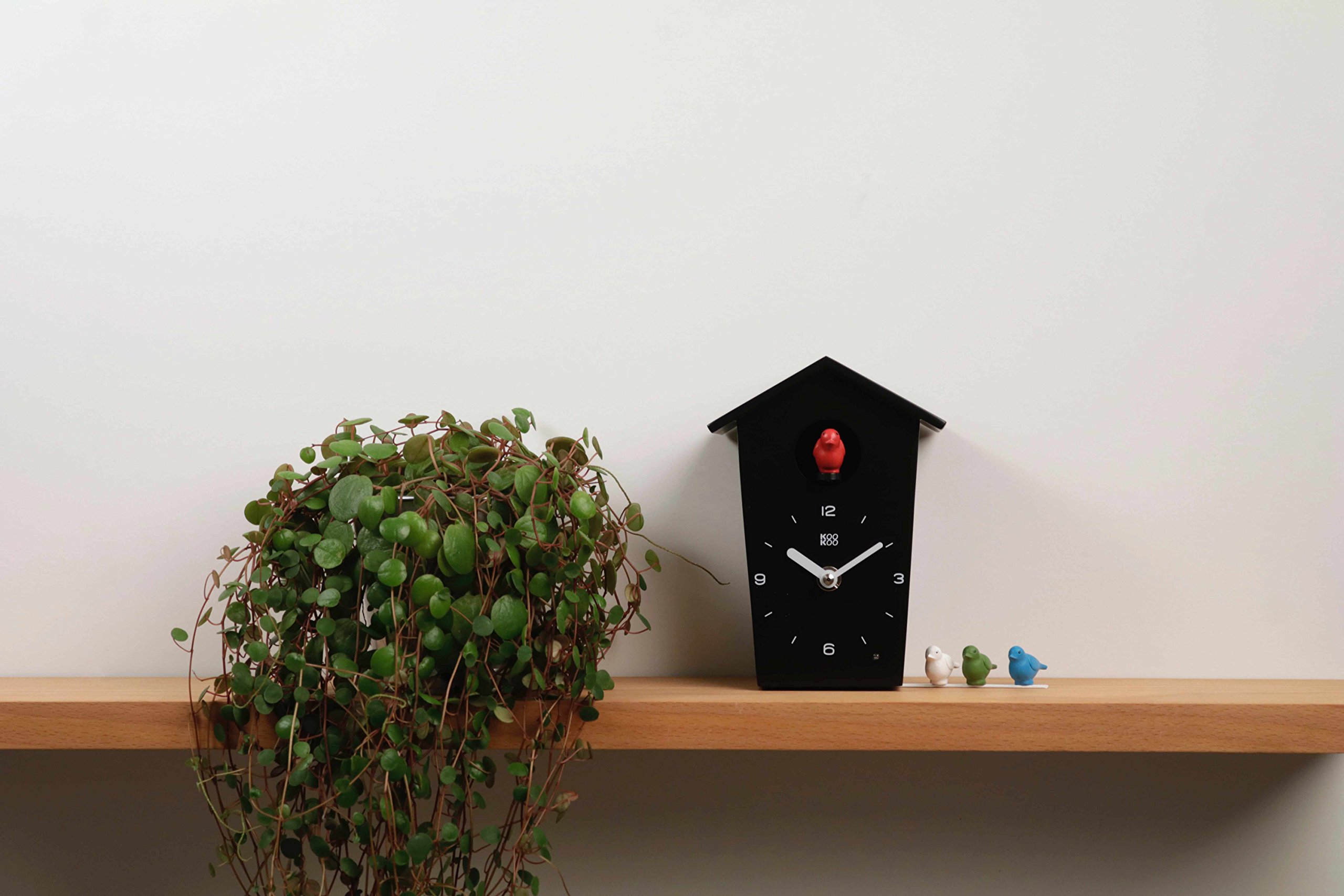 KOOKOO BirdHouse mini black, tiny modern cuckoo clock with 12 natural bird songs or cuckoo call