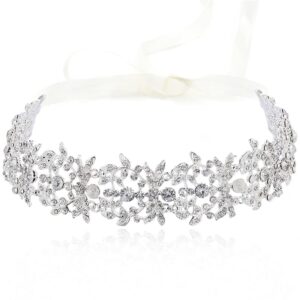 BABEYOND Bridal Headpiece Handmade Wedding Hair Vine Bead Crystal Floral Leaf Headband with Lace Band