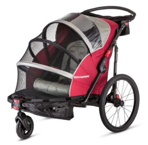 schwinn joyrider deluxe double child bike trailer stroller combo, max of 2 children with total weight of 80 lbs., canopy, 20-inch air-filled tires, red