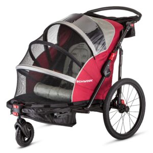 Schwinn Joyrider Deluxe Double Child Bike Trailer Stroller Combo, Max of 2 Children with Total Weight of 80 lbs., Canopy, 20-Inch Air-Filled Tires, Red