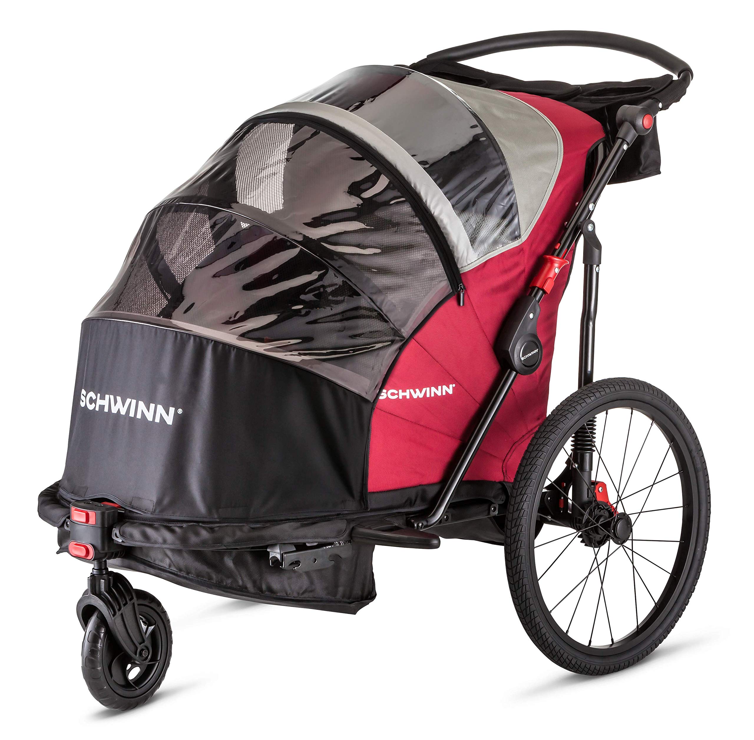 Schwinn Joyrider Deluxe Double Child Bike Trailer Stroller Combo, Max of 2 Children with Total Weight of 80 lbs., Canopy, 20-Inch Air-Filled Tires, Red